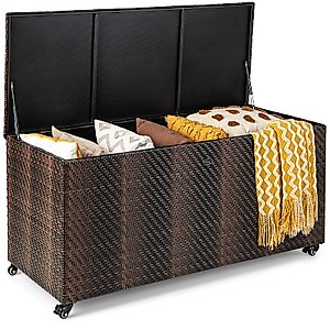 Tangkula 96 Gallon Deck Box, PE Wicker Outdoor Storage Box with 4 Wheels and Waterproof Liner, Outdoor Rectangular Storage Container for Cushions, Garden Tools, Pool Accessories (Mix Brown)