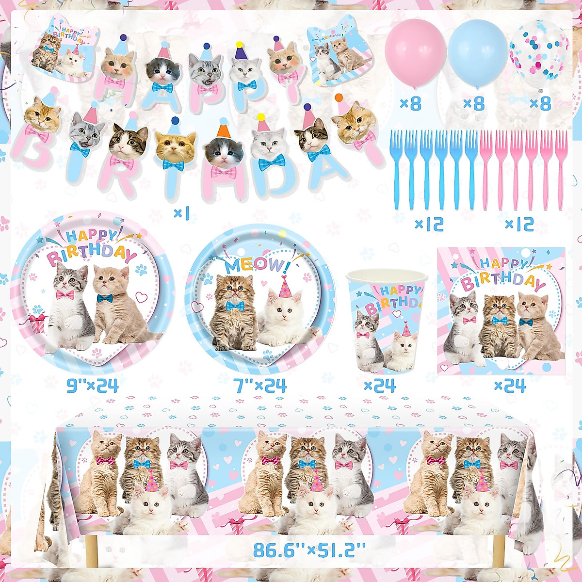 Cat Birthday Decorations, 146Pcs Cat Birthday Party Supplies-Serves 24 Cat Party Disposable Tableware with Cat Party Plates Cups Napkins Tablecloth Balloons for Kitten Girls Birthday Party Decorations