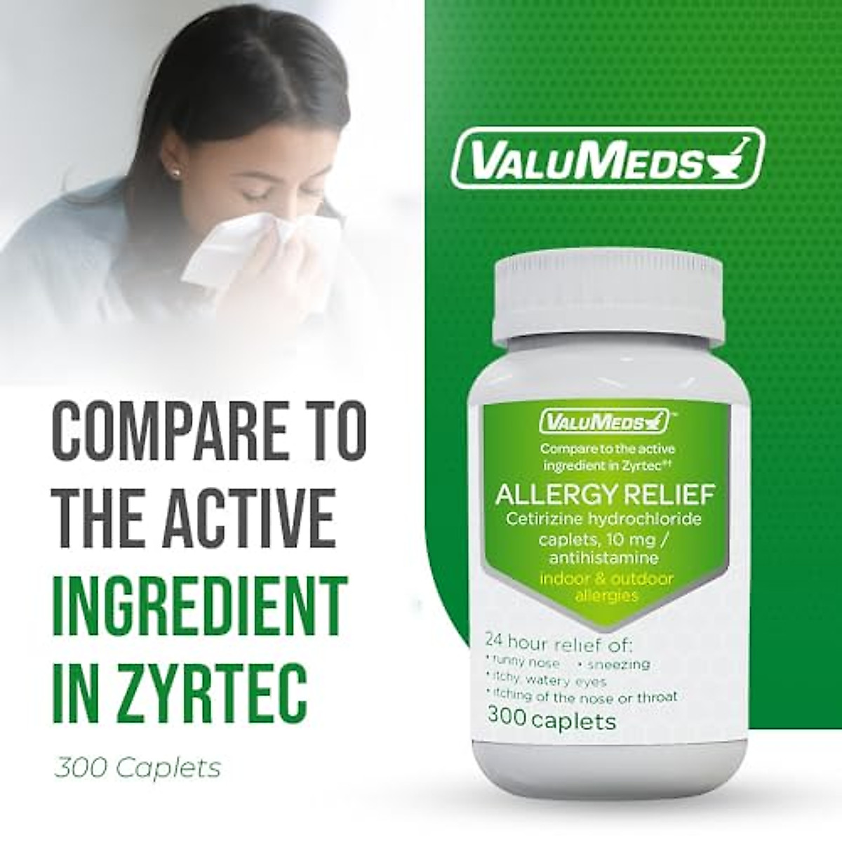 ValuMeds 24-Hour Allergy Medicine (300-Count) Antihistamine for Pollen, Hay Fever, Dry, Itchy Eyes, Allergies | Cetirizine HCl 10mg Caplets, Compare to Zyrtec