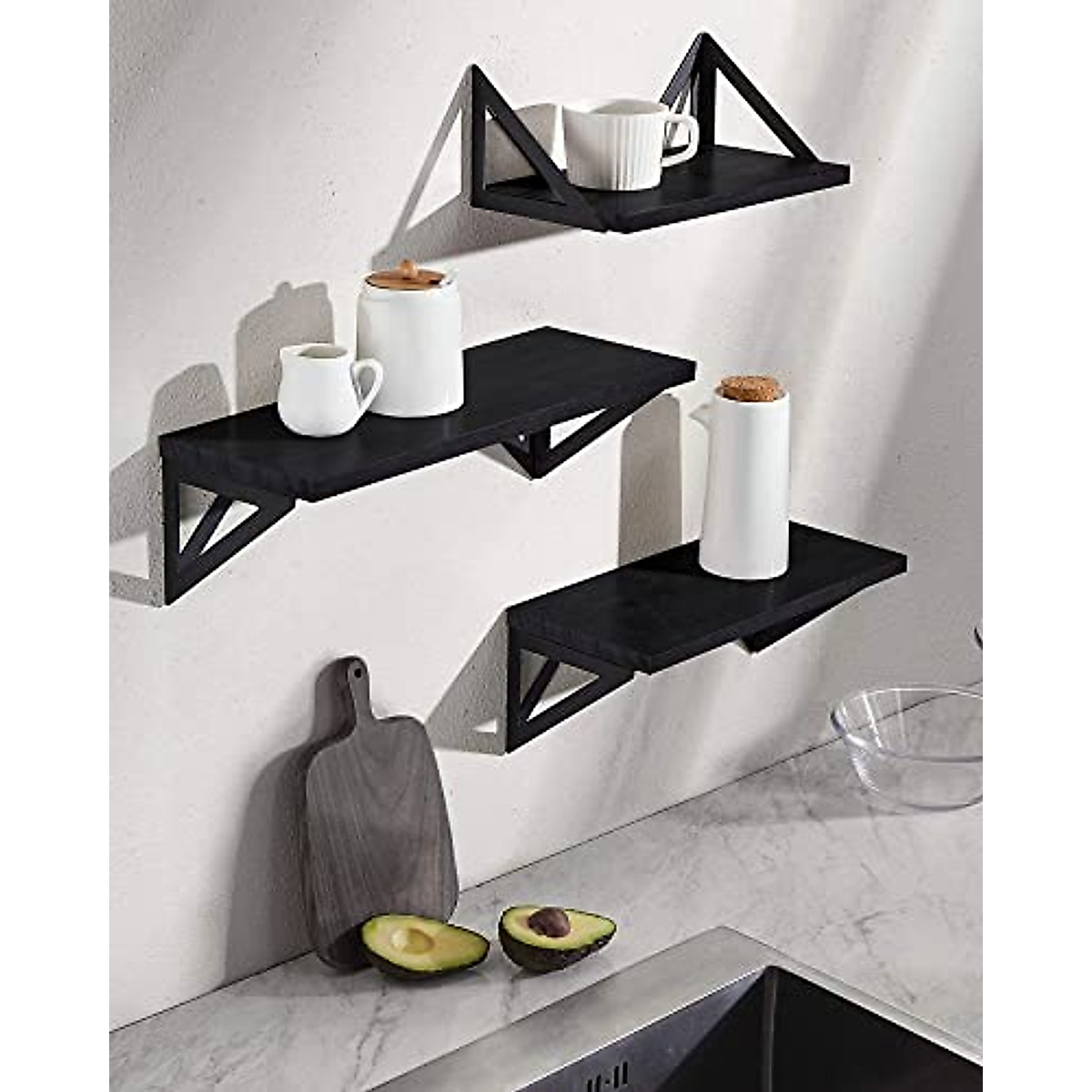 BAYKA Floating Shelves for Bedroom Decor, Rustic Wood Wall Shelves for Living Room Wall Mounted, Hanging Shelving for Bathroom, Laundry Room, Small Shelf for Plants, Books(Black,Set of 3)