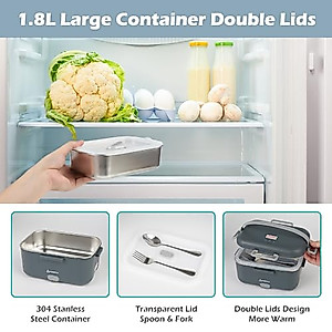 PHIWILLS 100W Electric Lunch Box, 1.8L Container with PP Lid, 12V/24V/110V Food Warmer Heater for Car/Truck/Work, Heated Lunchbox with 0.45L Compartment, Stainless Steel Spoon & Fork, Insulated Bag