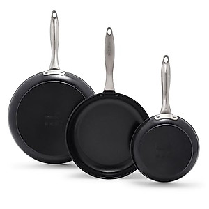 GreenPan Black Pro Infinite8 Ceramic Nonstick 3-Piece Frypan Set, 8”, 10”, and 12”, Hard Anodized, Stainless Steel Handle, PFAS-Free