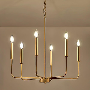 ONESMING Modern Gold Chandelier for Dining Room,Metal 6-Light Kitchen Light Fixtures,Farmhouse Candle Hanging Pendant Light for Living Room Entryway Foyer Bedroom (Bulb Not Included)