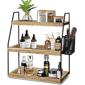3-Tier Bathroom Organizer Countertop, Wood Bathroom Countertop Vanity Organizer Bathroom Trays for Counter, Skincare Organizer Makeup Cosmetic Holder Standing Storage Shelf, Kitchen Spice Rack, Brown
