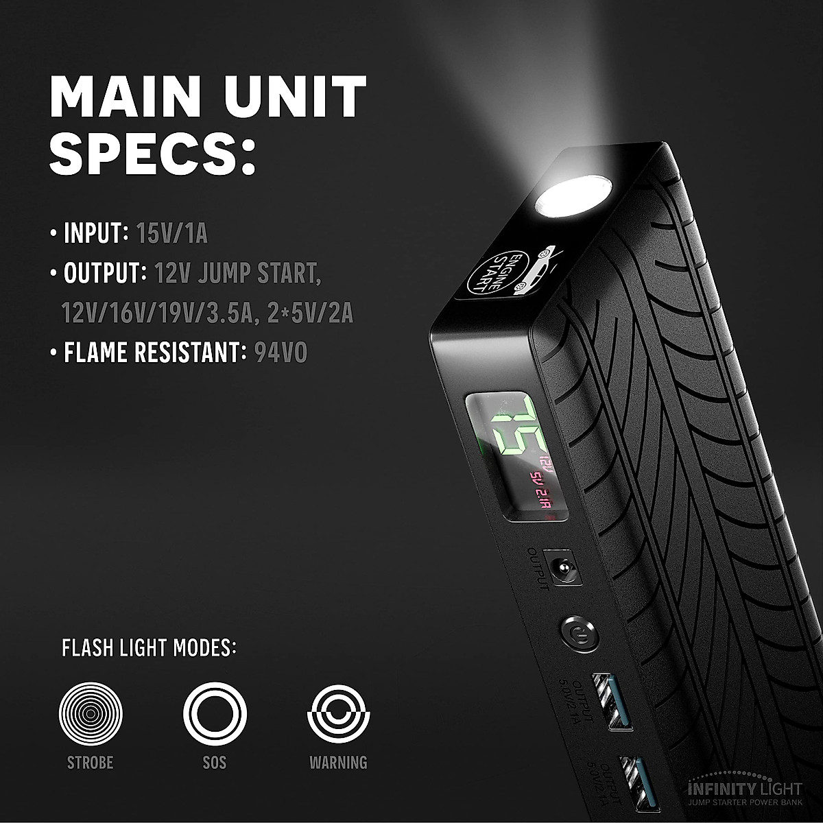 Infinity Light Jump Starter Battery Pack – 1000Amp 18,000mAh 12V Car Portable Battery Booster Pack Power Bank – 2 in 1 USB Charger with LCD Display, LED Light Emergency Warning Mode, 6L Gas/4L Diesel