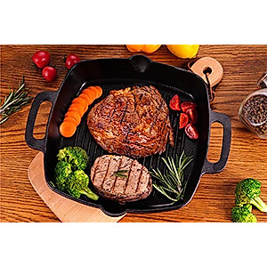 PR PeakRous Cast Iron Grill Pan Skillet Square for Stove Top and Oven with Two Silicone Handles 10 inch