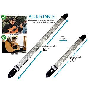 Jesus Guitar Strap, Black and White Genuine Leather Ends, Includes 2 Strap Locks & 1 Pick. Adjustable Strap, For Bass, Electric & Acoustic Guitars Gift for Guitar Players Men, Women & Kids