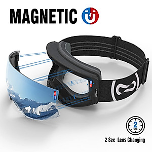 COPOZZ Magnetic Snowboard Goggles OTG - Adult Ski Glasses Snow Goggle, Frameless, Interchangeable Lens, 100% UV Protection