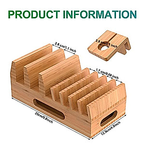 Bamboo Charging Station for Multiple Devices with 5 Port USB Charger, 5 Charger Cables and Watch Stand. Wood Desktop Docking Stations Organizer for Cell Phone, Tablet, Watch, Office Accessories