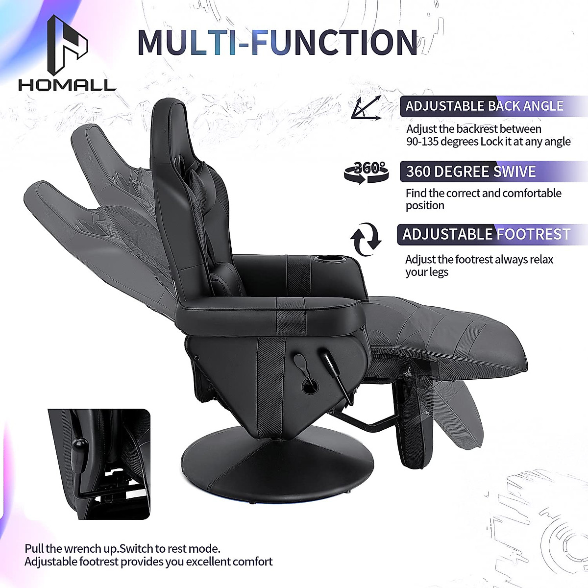 Homall Computer Racing Style Pu Leather Ergonomic Adjusted Reclining Video Gaming Single Sofa Chair with Footrest Headrest and Lumbar Support (Black)