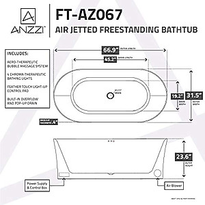 ANZZI 67" Freestanding Jetted Bathtub - White Acrylic Air Jetted Free standing Bath tub - Jerico Series Soaking Tub, Drain and Overflow, Light Up Control Pad - Luxury Spa Experience at Home