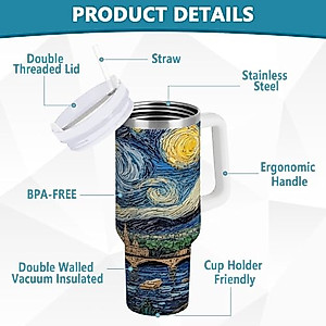 RPLIFE Paris Starry Night 40oz Tumbler with Handle, Stainless Steel Tumbler with Straw, Travel Coffee Tumbler