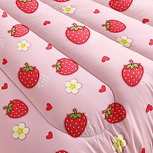 Nttopship Cute Strawberry Comforter Sets，Bedding Sets Full Size for Kids,Cute Strawberries and Flowers Comforter Sets All Season 1 Comforter and 2 Pillowcases