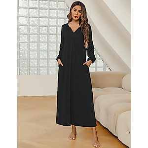 Marvmys Womens Cotton Long Night Gown Long Sleeve Nightshirt Sleepwear with Pockets Black L