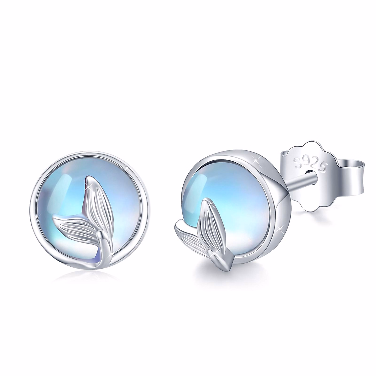 Mermaid Tail Moonstone Stud Earrings Jewelry Gifts 925 Sterling Silver Ocean Sea Whale’s Tail Earrings Moonstone Fishtail Stud Earrings for Women