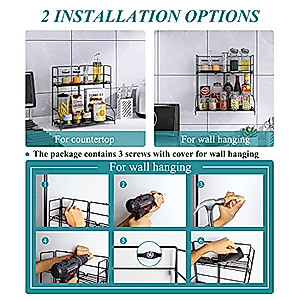 2 Tier Bathroom Organizer Countertop, SAUCE ZHAN Vanity Organizer Countertop with Shelf Liners, Spice Rack Organizer for Kitchen, Counter Storage Shelf for Bathroom Counter, Bedroom, Black