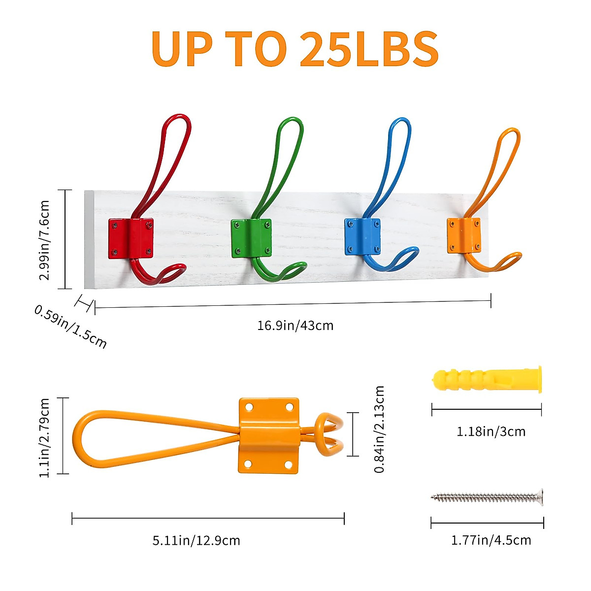 KYSMOTIC Kids Coat Hook Rack Wall Mounted for Boys and Girls for Hanging Coats, Scarves, Bags, Purses, Backpacks, Towels and More, Set of 4, Bright Multicolored (White, 17 inches)