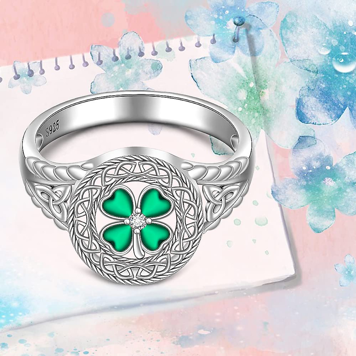 Shamrock Ring St Patricks Day Ring Four Leaf Clover Rings for Women Sterling Silver 925 Irish Shamrock Celtic Knot Green 4 Clover Jewelry Charm Prom Wedding Gifts Size 9
