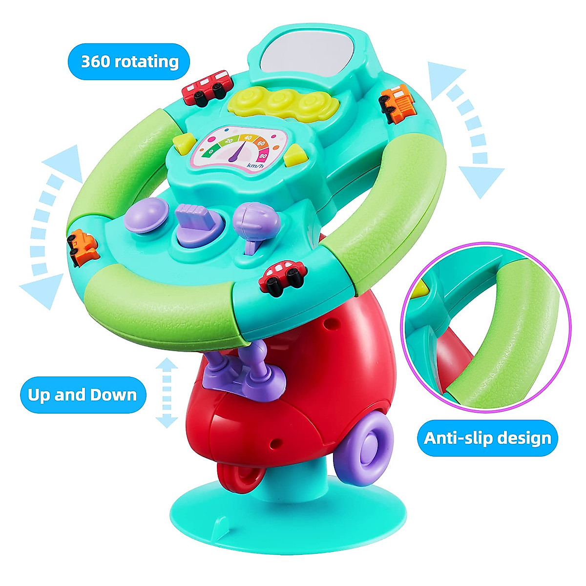 Bibibi Suction Toys for Baby Steering Wheel Toy with Music and Car Sound, Sensory Toys for 1 Year Old, 1st First Birthday Gifts Boys Suction Cup Toys 12 18 Months Girls Toddler Kid 1 3