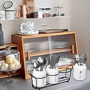 CLOTHUP Ceramic Silverware Caddy, Utensil Caddy with Metal Holder, Countertop Silverware Utensil Organizer Holder, Knives Spoons and Forks Utensil Organizer Holder for Kitchen and Party