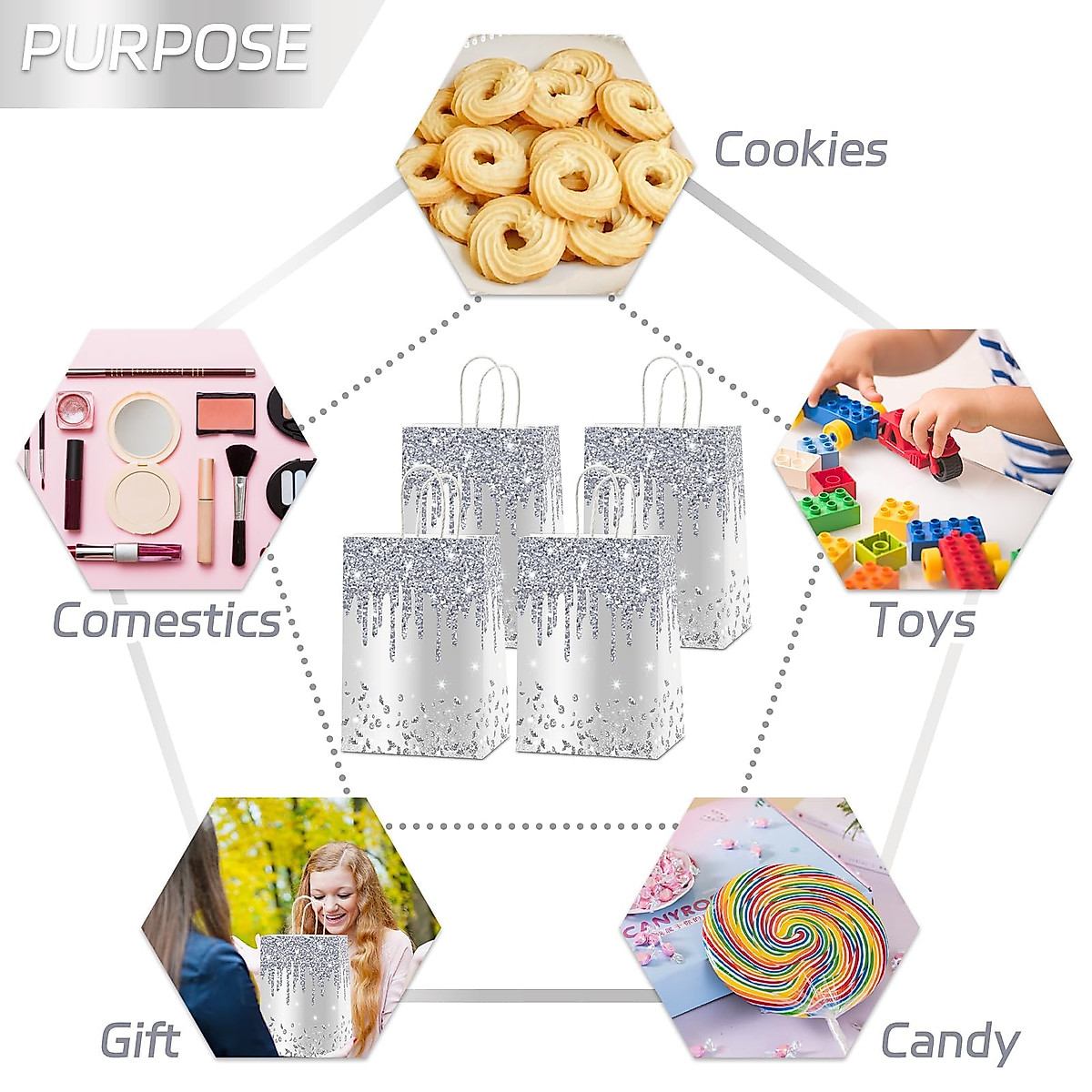 12Pcs Silver Glitter Gift Bags Glitter Diamond Goodie Bag Happy Birthday Treat Bag Diamond Silver Candy Bags Supply for Wedding Bridal Baby Shower Holiday Party Favors Decoration 4.7*3.15*8inch