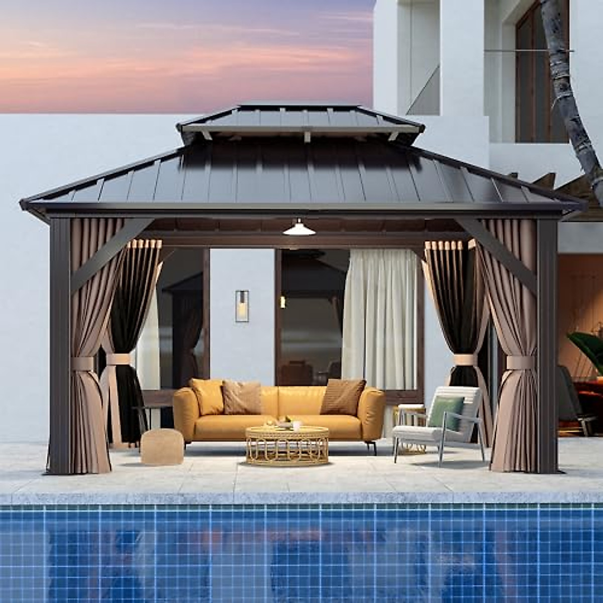 Raysfung 10 X 12ft Hardtop Gazebo, Galvanized Steel Double Roof Gazebo with Nettings and Curtains, Outdoor Aluminum FrameVertical Stripes Roof Permanent Pavilion for Patio, Backyard, Lawns