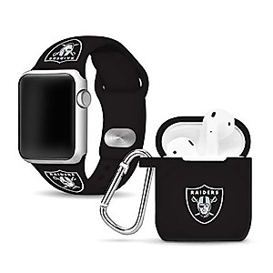 Game Time Las Vegas Raiders Silicone Watch Band and Case Cover Combo Package Compatible with Apple Watch and AirPods Gen 1 & 2 (42/44/45mm Black/Black)