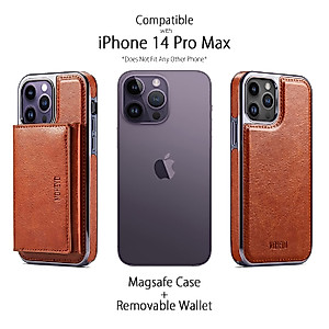 MOHEYO Designed for iPhone 14 Pro Max Case Compatible with MagSafe Removable Wallet Card Holder Magnetic Slim Thin Vegan Leather Cover (Brown)
