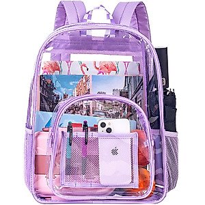 Clear Backpack for Women and Men, Heavy Duty PVC Backpacks, See Through Transparent Bookbag - Purple