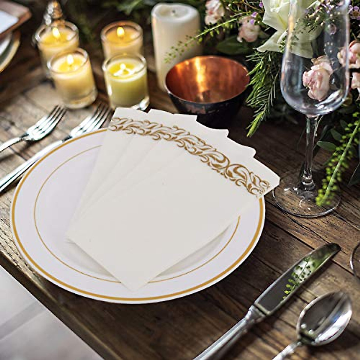 FOCUSLINE Disposable Linen-Feel Guest Towels [Pack of 100, 12" x 17"], Cloth-Like Paper Hand Towels Soft and Absorbent Bathroom Napkins, Party Napkins for Weddings, Dinners, or Events, Gold