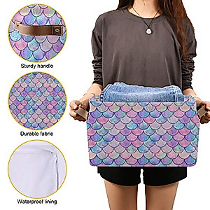senya Large Foldable Storage Basket, Mermaid Fish Scale Wave Fabric Storage Bin Organizer Bag with Handles 15 x 11 x 9.5 inch