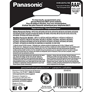 Panasonic Genuine HHR-4DPA/4B AAA NiMH Rechargeable Batteries for DECT Cordless Phones, 4 Pack