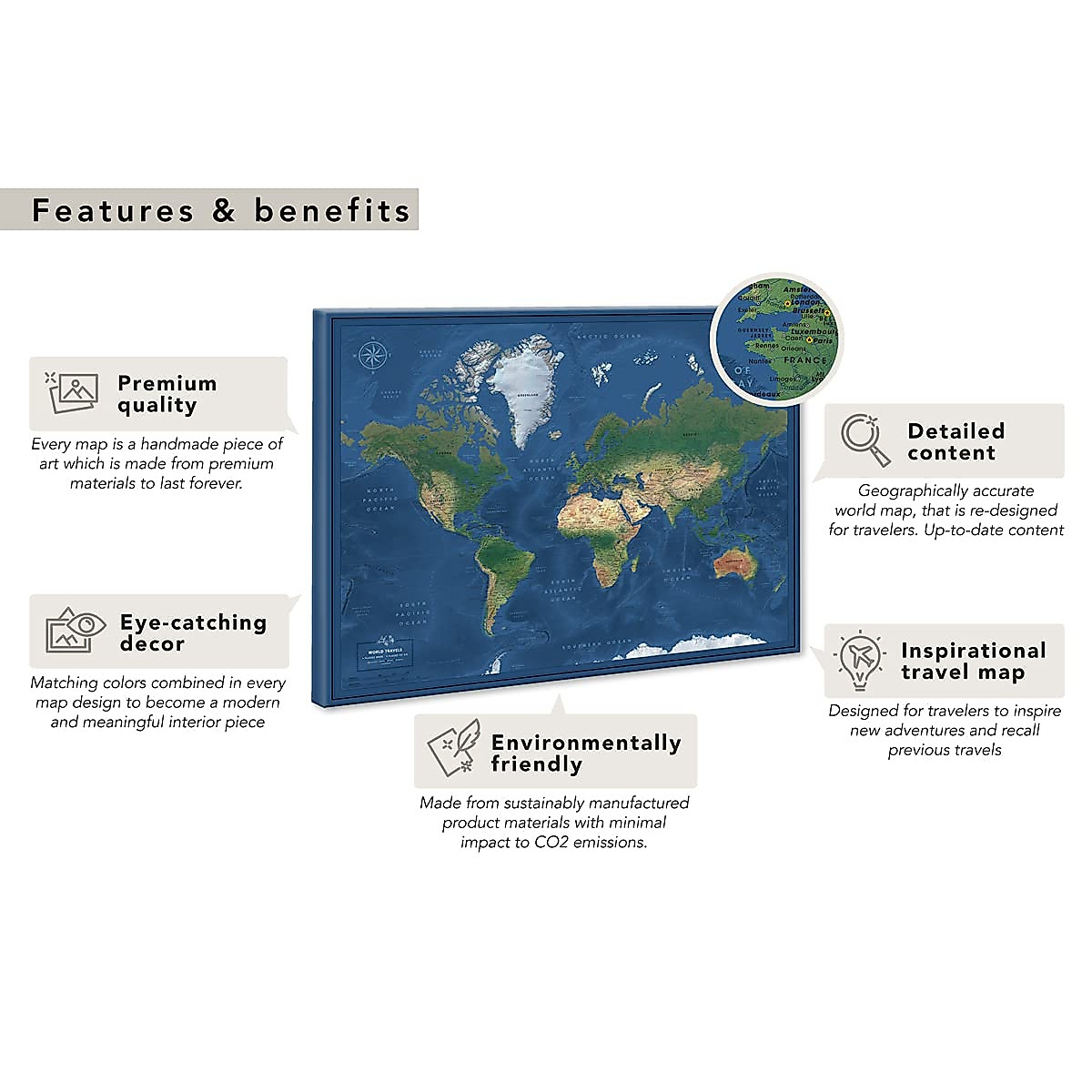 Modern World Satellite Wall Map with Push Pins | Push Pin Travel Map on Canvas | Personalized World Map with Pins | 24" x 32" up to 40" x 53"