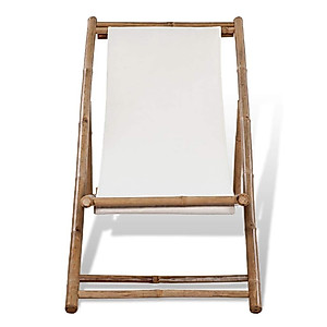 FAMIROSA Folding Beach Chair Backrest Adjustable Patio Bamboo Deck Chaise Lounge Chair Canvas Seat Sun Lounger Poolside Balcony Backyard Garden