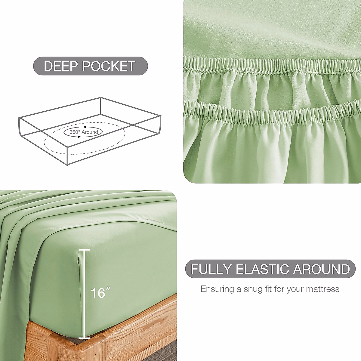 Sage Green Full Size Bed Sheet Sets-Deep Pocket Fitted Sheet & Pillowcase Sets-4 Piece Soft Cooling Microfiber Bedsheets for Double Bed