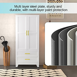 erosoei Metal Armoire Wardrobe Closet, 71 "Metal Clothing Storage Cabinet with Adjustable Shelves and Hanging Rod, Household Steel Wardrobe Storage Cabinet with Drawers (armoire-White)