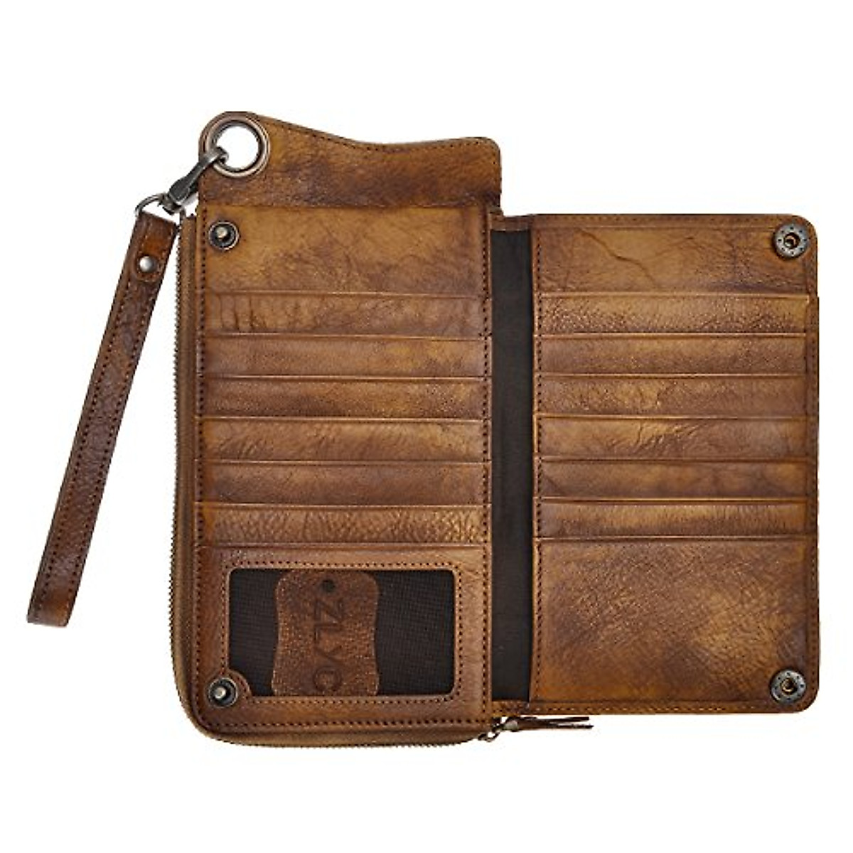 ZLYC Vintage Handmade Dip-dye Leather Wallet Card Holder Long Clutch with Detachable Wristlet (Brown)