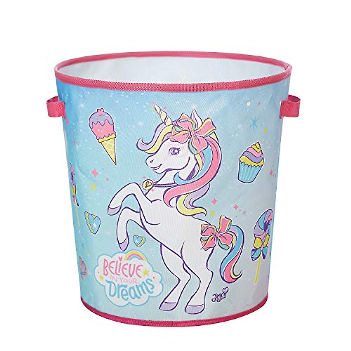 Idea Nuova JoJo Siwa Believe in Your Dreams Unicorn 3 Piece Collapsible Storage Set with Collapsible Ottoman, Bin and Figural Dome Pop Up Hamper, Pink