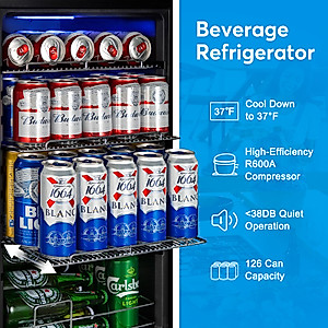 Beverage Refrigerator 17 inch Wide - 126 Can Beverage Cooler with Glass Door | Counter-Top/Freestanding Mini Beverage Beer Fridge | Temperature Memory | Invisible Door | Perfect for Soda,Beer