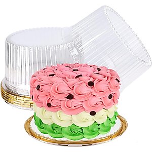 NPLUX 10 Inch Plastic Cake Carriers Gold Cake Containers with Lid and White Cake Boards, Clear Cupcake Holder for 1-2 Layer Cheesecake, Bundt Cake Pie Bakery Supplies (5 Pack)