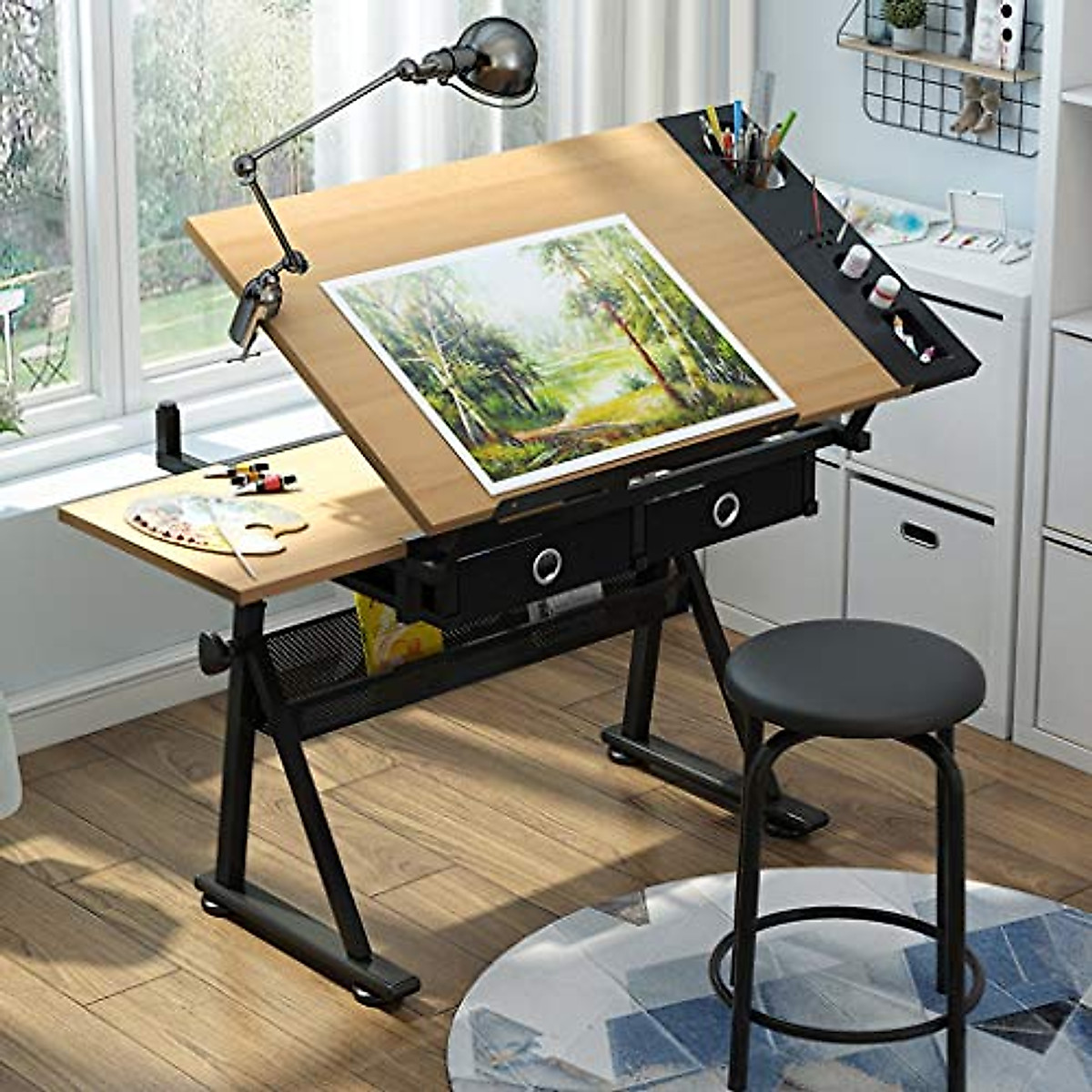 EESHHA Drawing Table Drafting Table with Storage, Height Adjustable Tiltable Art Desk, Glass Panel Drawing Desk, for Work Study Painting Craft Table