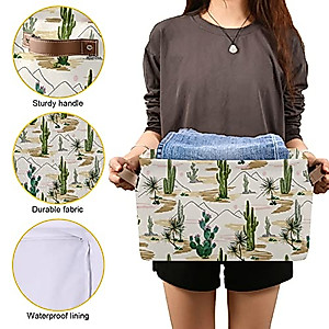 Large Foldable Storage Basket Beautiful Floral Tropical Cactuses Succulents Storage Bin Canvas Toys Box Fabric Decorative Collapsible Organizer Bag with Handles for Bedroom Home