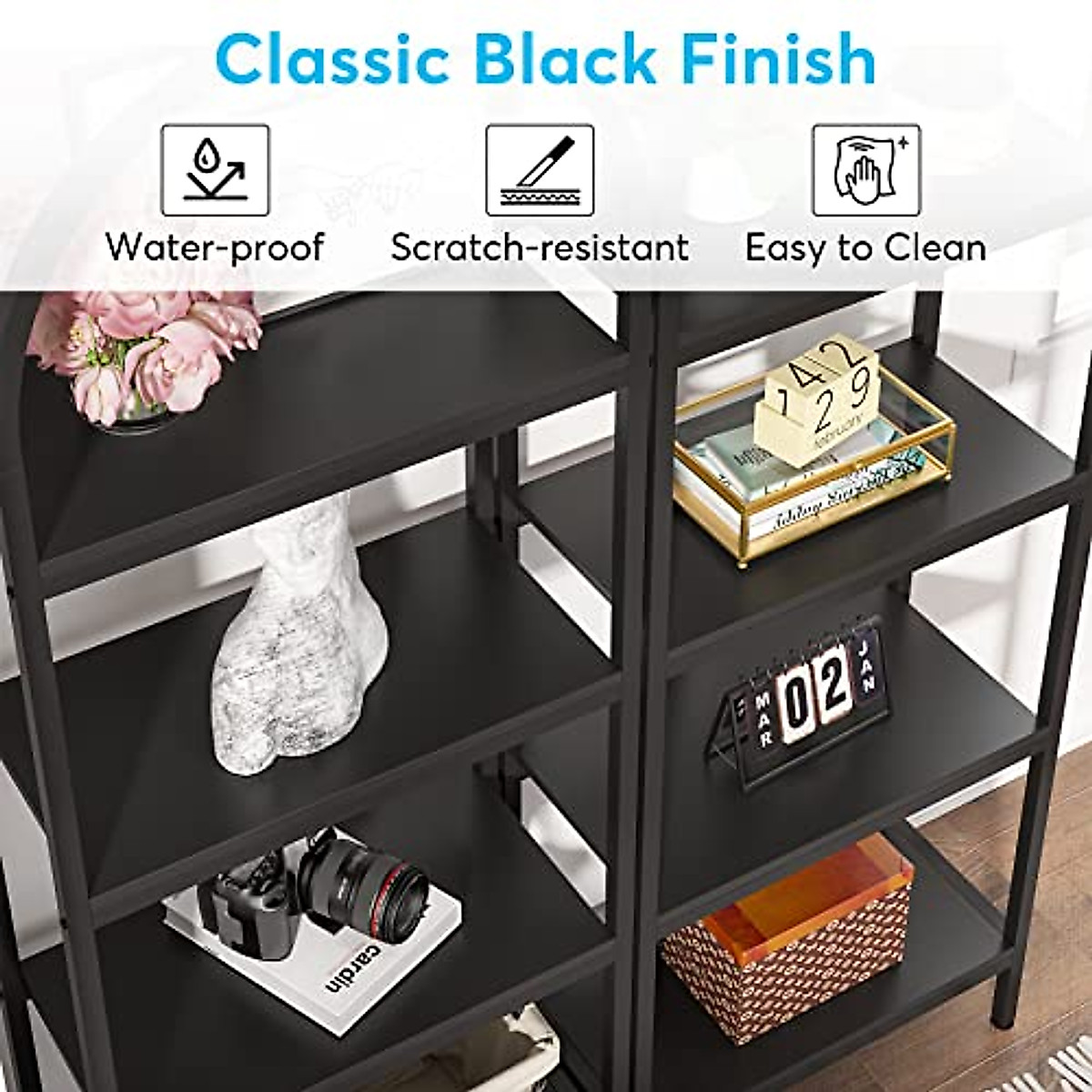 LITTLE TREE 4-Tier Arched Bookshelf, Tall Open Bookcase Storage Shelves, Wood Metal Freestanding Display Rack Tall Shelving Unit for Home Office, Bedroom, Living Room, Industrial Black