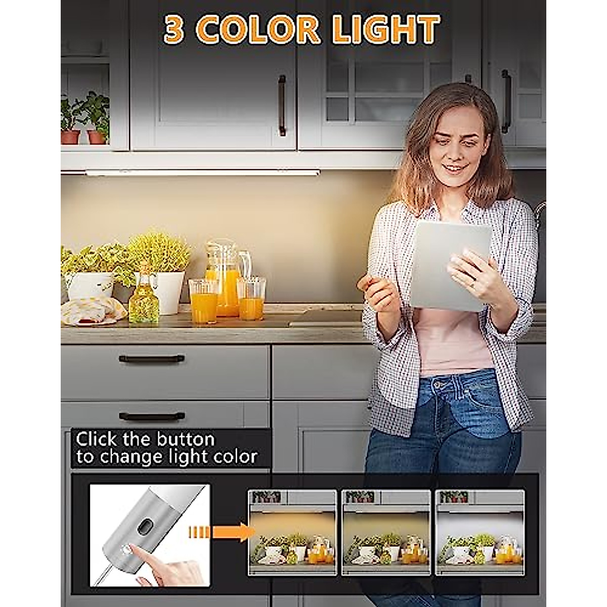 Under Counter Lights for Kitchen, Plug in Under Cabinet Light with Memory Function, LED Closet Light with 3 Colors 2800/4000/6500k, Super Slim Stepless Dimmable Workbench Light (16 Inches)