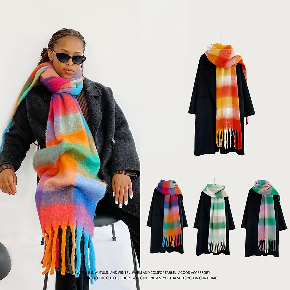 OUNIYA Large Chunky Plaid Scarf Checked Colorful Oversized Scarves Soft Big Cashmere Wool Thick Winter Warm Blanket Women (rainbow)