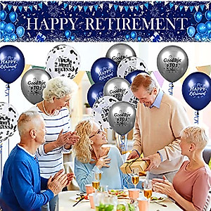 Navy Blue Silver Happy Retirement Party Decorations Large Blue Silver Happy Retirement Banner Yard Sign with 18pcs balloons Retirement Party Photo Booth for Men Women Office Farewell Party Supplies