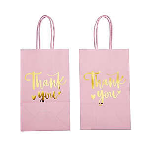 DjinnGlory 50 Pack Small Pink & Gold Foil Thank You Paper Gift Bags with Handles 9''x5.5''x3.15'' and 50 Tissue Paper for Mother's Day Wedding Bridal Baby Shower Birthday Princess Party Supplies
