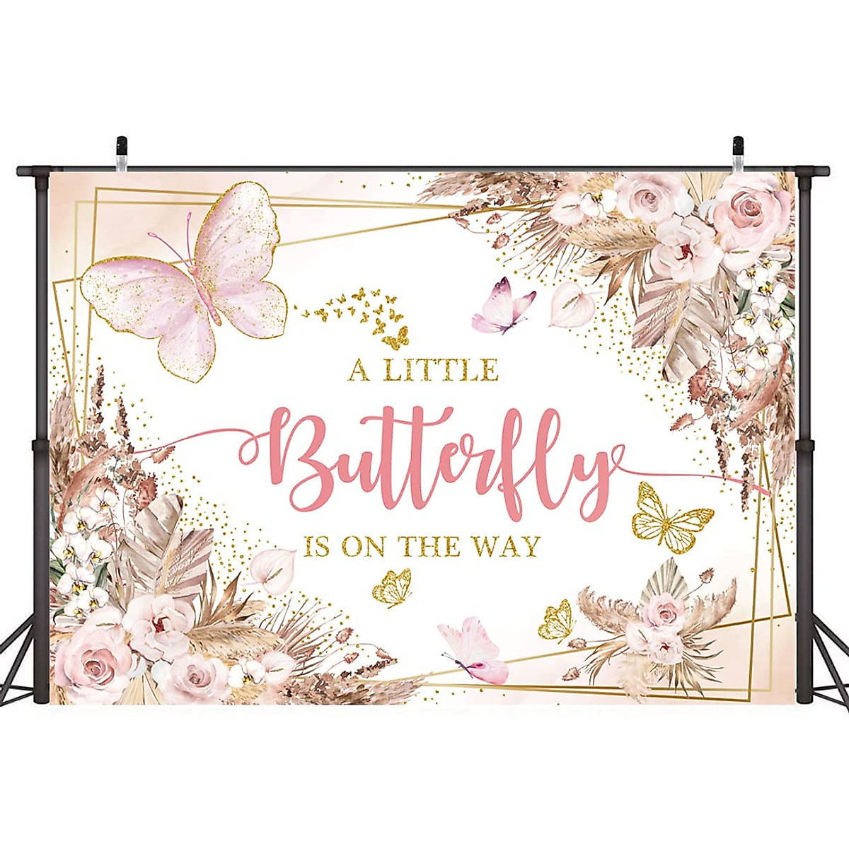 Wollmix Butterfly Baby Shower Decoration for Girl Backdrop 7x5ft A Little Butterfly is on The Way Boho Pink Florals Flowers Photography Background Gold Dost Princess Banner Photo Booth Supplies Props