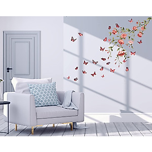 Cute Peony Flower Wall Decals Pink Rose Floral Wall Decals Butterfly Wall Stickers Removable Peel and Stick for Kids Room Bedroom Living Room Garden Backyard Wall Decoration