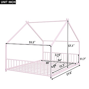 KTATK Metal Full Size House Bed with Roof and Slats Support,Playhouse Design Montessori Floor Bed Frame W/Headboard & Footboard,No Box Spring Needed,for Kids Girls Boys,Pink